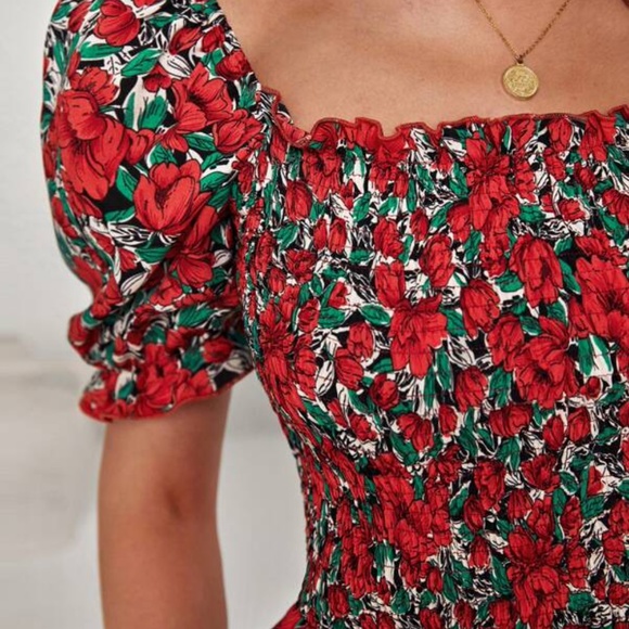BellanBlue | Tops | Bohemian Red Floral Puff Sleeve Peplum Top | Poshmark